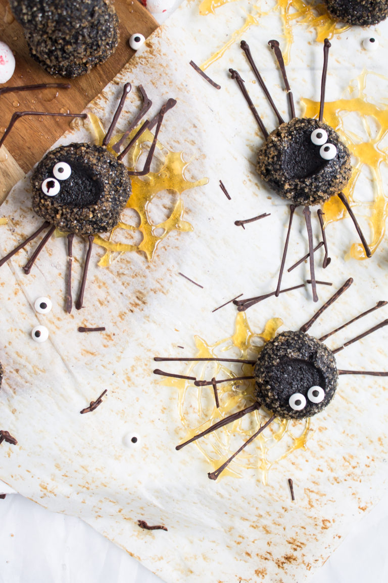 chocolate thumbprint cookie spiders with caramel spider webs - Pass the ...