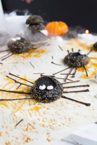 chocolate thumbprint cookie spiders with caramel spider webs - Pass the ...