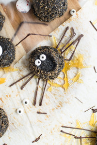chocolate thumbprint cookie spiders with caramel spider webs - Pass the ...
