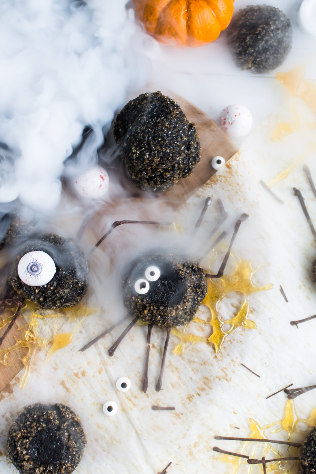 chocolate thumbprint cookie spiders with caramel spider webs - Pass the ...